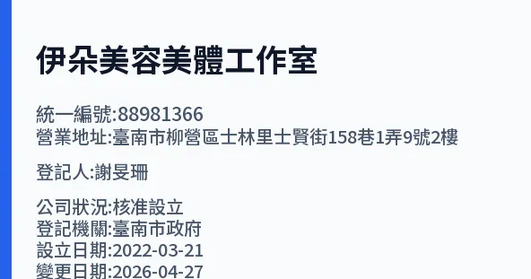 伊朵美容美體工作室的照片-統編 88981366(臺南市) 公司登記資料與營業項目詳細圖表