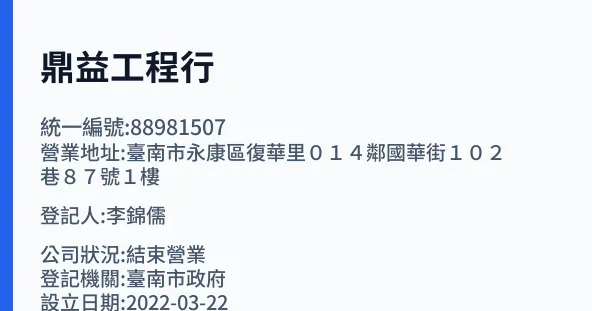 鼎益工程行的照片-統編 88981507(臺南市) 公司登記資料與營業項目詳細圖表