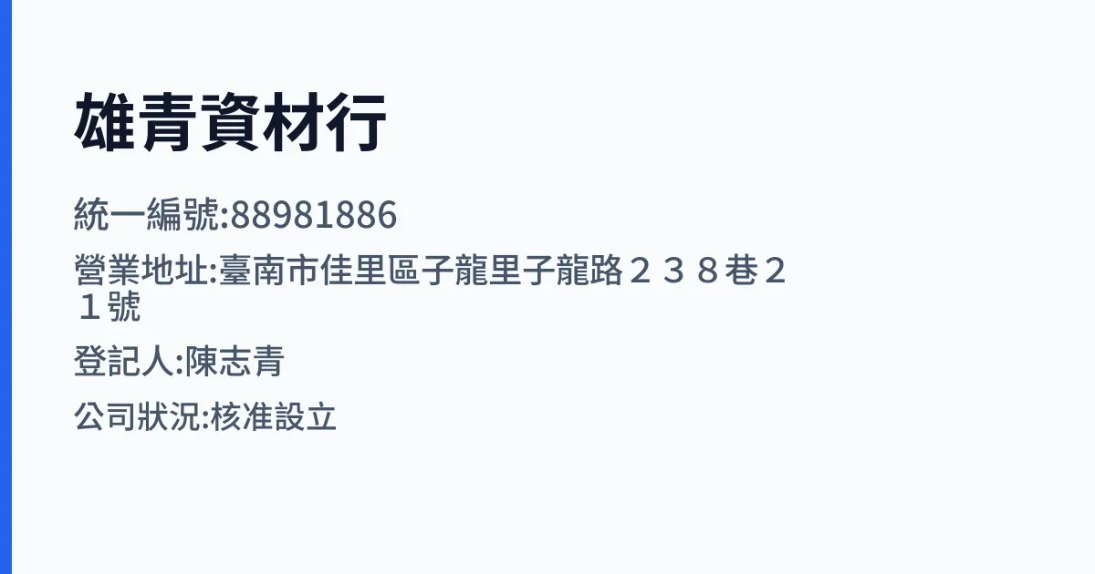 雄青資材行 - 統編 88981886(臺南市) 公司登記資料與營業項目詳細圖表