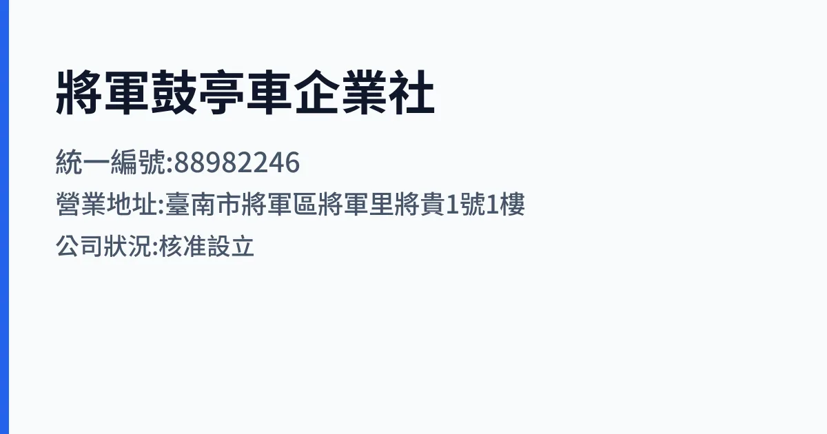 將軍鼓亭車企業社 - 統編 88982246(臺南市) 公司登記資料與營業項目詳細圖表