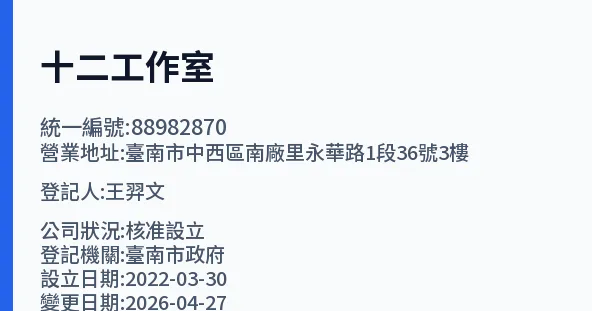 十二工作室的照片-統編 88982870(臺南市) 公司登記資料與營業項目詳細圖表