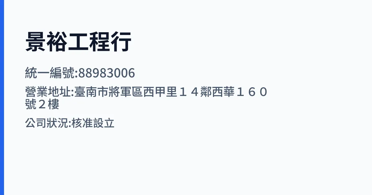 景裕工程行 - 統編 88983006(臺南市) 公司登記資料與營業項目詳細圖表