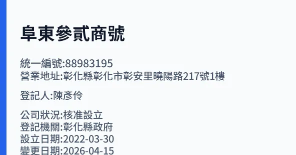 阜東參貳商號的照片-統編 88983195(臺南市) 公司登記資料與營業項目詳細圖表
