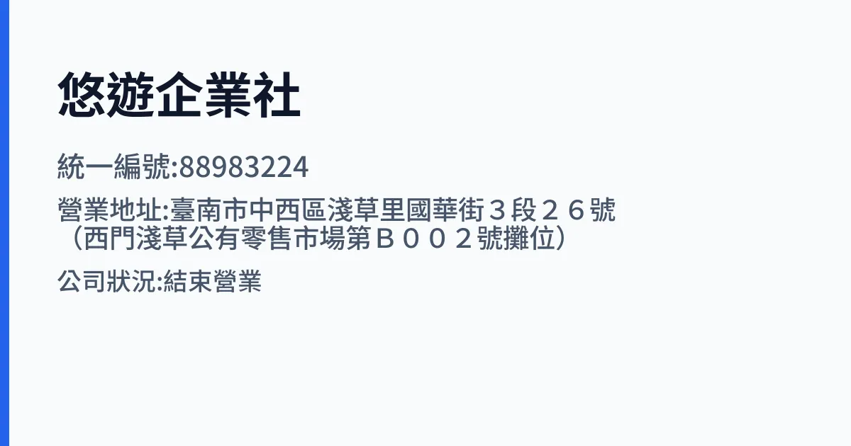 悠遊企業社 - 統編 88983224(臺南市) 公司登記資料與營業項目詳細圖表