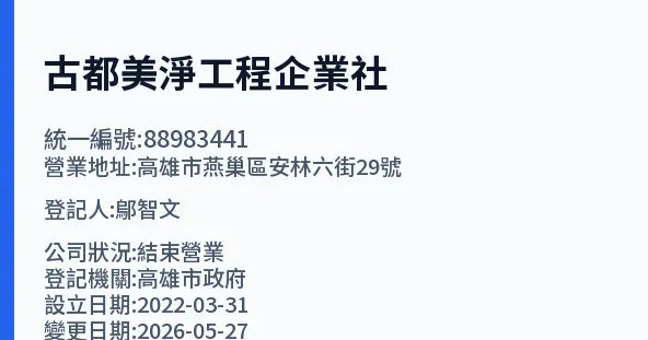 古都美淨工程企業社的照片-統編 88983441(高雄市) 公司登記資料與營業項目詳細圖表