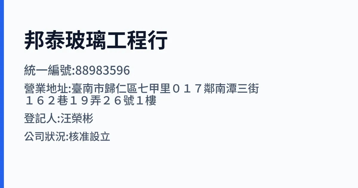邦泰玻璃工程行 - 統編 88983596 (臺南市) 公司登記資料與營業項目詳細圖表