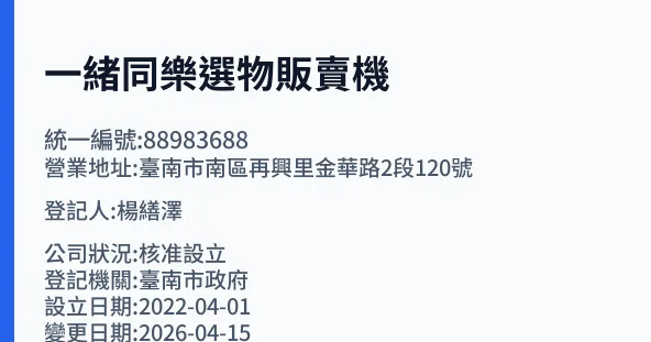 一緒同樂選物販賣機的照片-統編 88983688(臺南市) 公司登記資料與營業項目詳細圖表