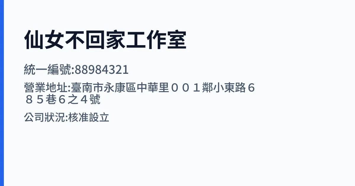 仙女不回家工作室 - 統編 88984321(臺南市) 公司登記資料與營業項目詳細圖表