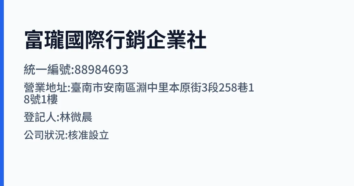 富瓏國際行銷企業社 - 統編 88984693(臺南市) 公司登記資料與營業項目詳細圖表