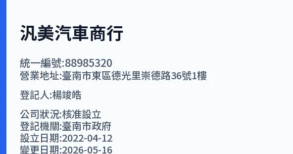汎美汽車商行的照片-統編 88985320(臺南市) 公司登記資料與營業項目詳細圖表