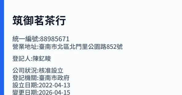 筑御茗茶行的照片-統編 88985671(臺南市) 公司登記資料與營業項目詳細圖表