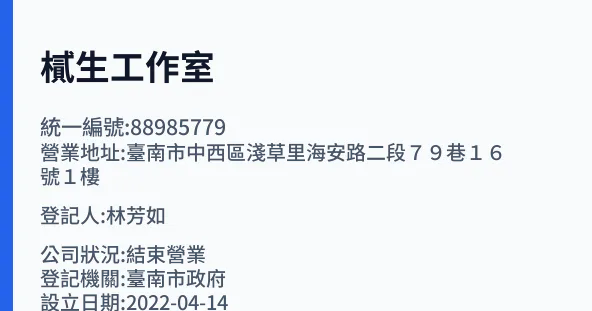 樲生工作室的照片-統編 88985779(臺南市) 公司登記資料與營業項目詳細圖表