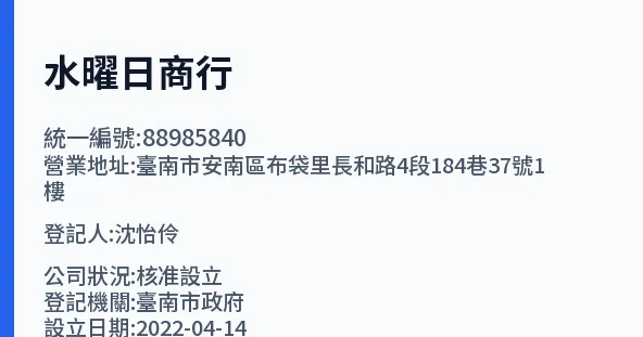 水曜日商行的照片-統編 88985840(臺南市) 公司登記資料與營業項目詳細圖表