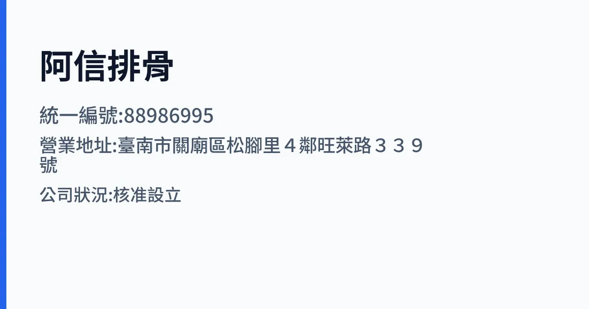 阿信排骨 - 統編 88986995(臺南市) 公司登記資料與營業項目詳細圖表