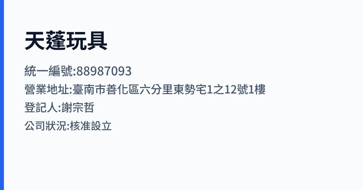 天蓬玩具 - 統編 88987093（臺南市） 公司登記資料與營業項目詳細圖表