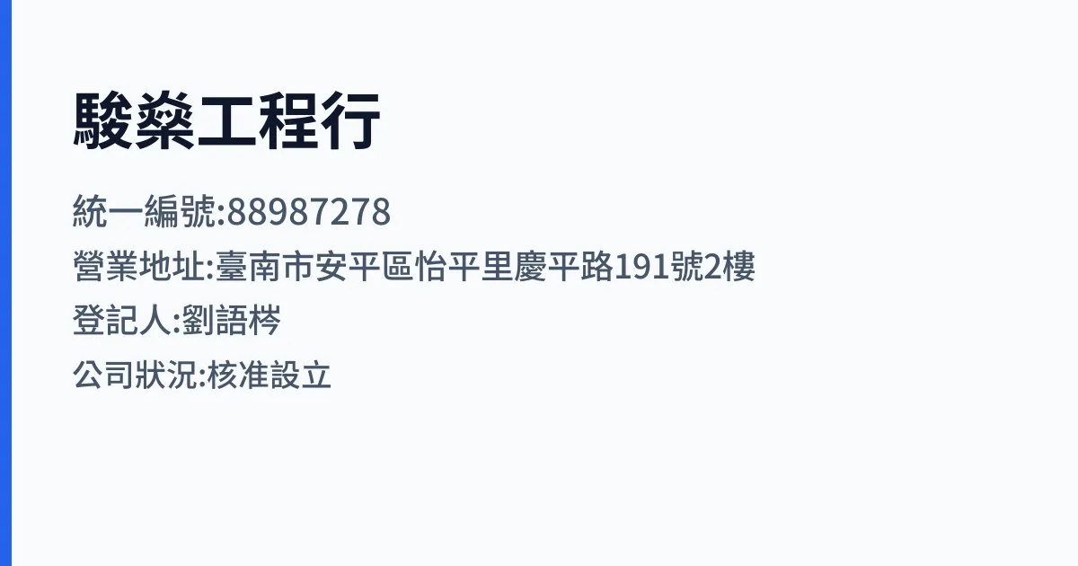 駿燊工程行 - 統編 88987278(臺南市) 公司登記資料與營業項目詳細圖表
