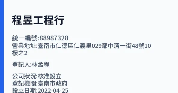 程昱工程行的照片-統編 88987328(臺南市) 公司登記資料與營業項目詳細圖表