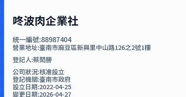 咚波肉企業社的照片-統編 88987404(臺南市) 公司登記資料與營業項目詳細圖表