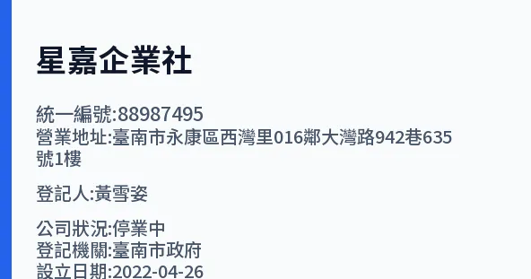 星嘉企業社的照片-統編 88987495(臺南市) 公司登記資料與營業項目詳細圖表