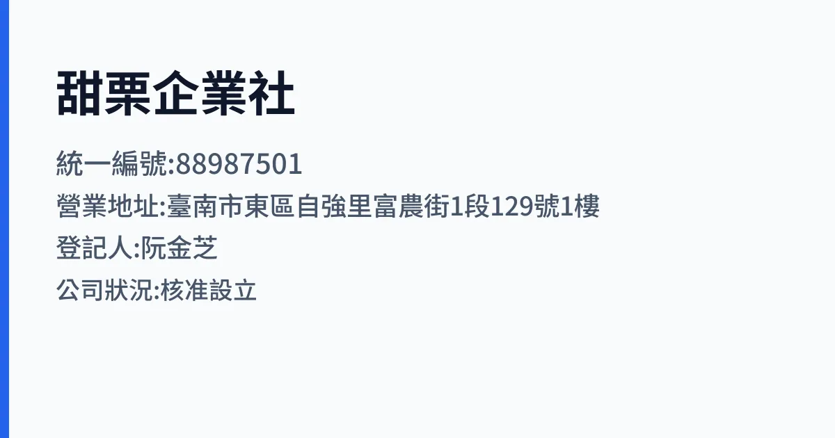 甜栗企業社 - 統編 88987501(臺南市) 公司登記資料與營業項目詳細圖表