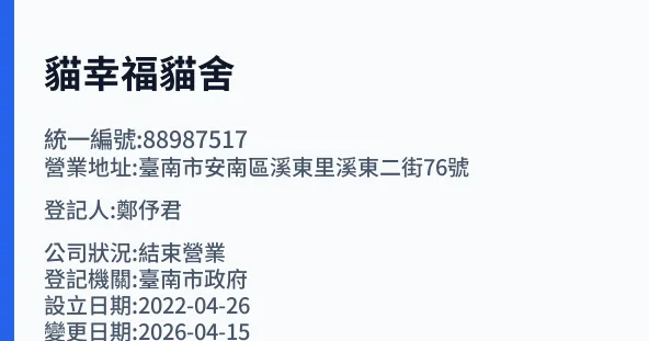 貓幸福貓舍的照片-統編 88987517(臺南市) 公司登記資料與營業項目詳細圖表