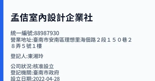 孟佶室內設計企業社的照片-統編 88987930(臺南市) 公司登記資料與營業項目詳細圖表