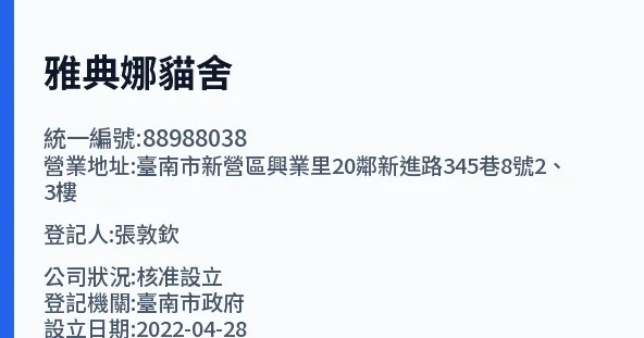 雅典娜貓舍的照片-統編 88988038(臺南市) 公司登記資料與營業項目詳細圖表