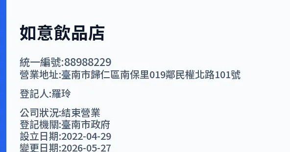 如意飲品店的照片-統編 88988229(臺南市) 公司登記資料與營業項目詳細圖表