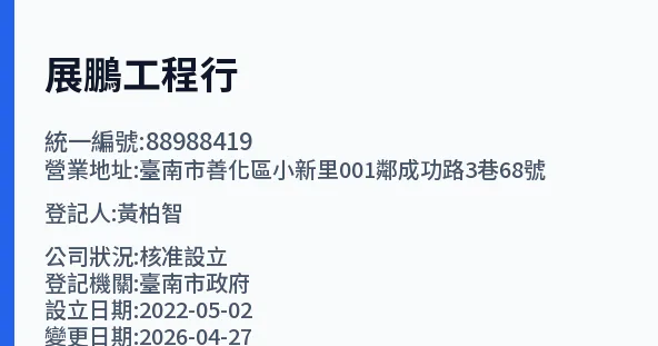 展鵬工程行的照片-統編 88988419(臺南市) 公司登記資料與營業項目詳細圖表