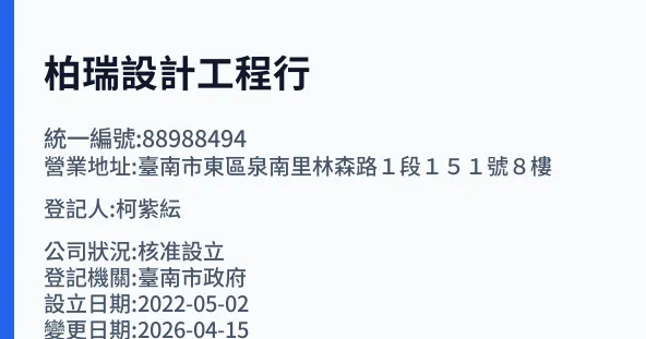 柏瑞設計工程行的照片-統編 88988494(臺南市) 公司登記資料與營業項目詳細圖表