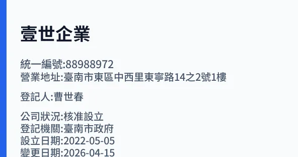 壹世企業的照片-統編 88988972(臺南市) 公司登記資料與營業項目詳細圖表