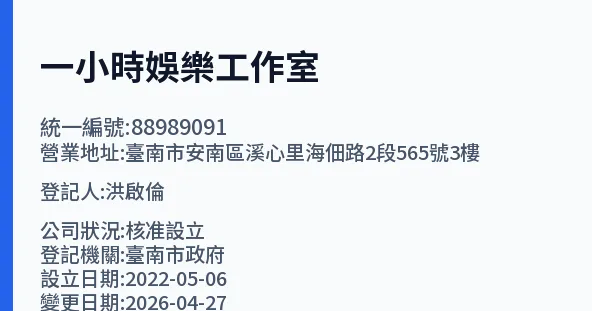 一小時娛樂工作室的照片-統編 88989091(臺南市) 公司登記資料與營業項目詳細圖表