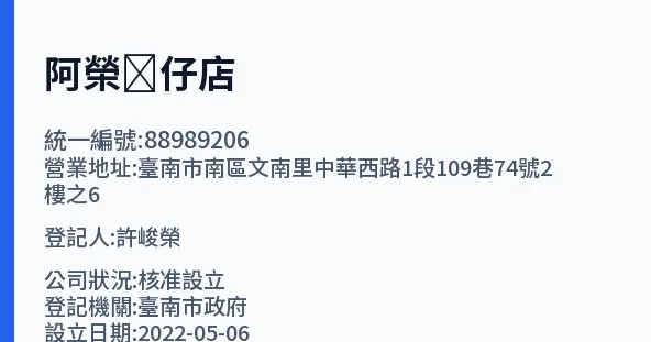 阿榮䇞仔店的照片-統編 88989206(臺南市) 公司登記資料與營業項目詳細圖表