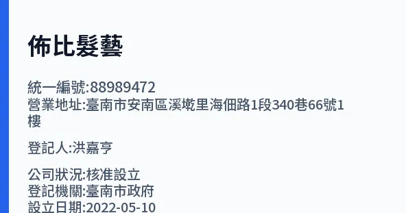 佈比髮藝的照片-統編 88989472(臺南市) 公司登記資料與營業項目詳細圖表