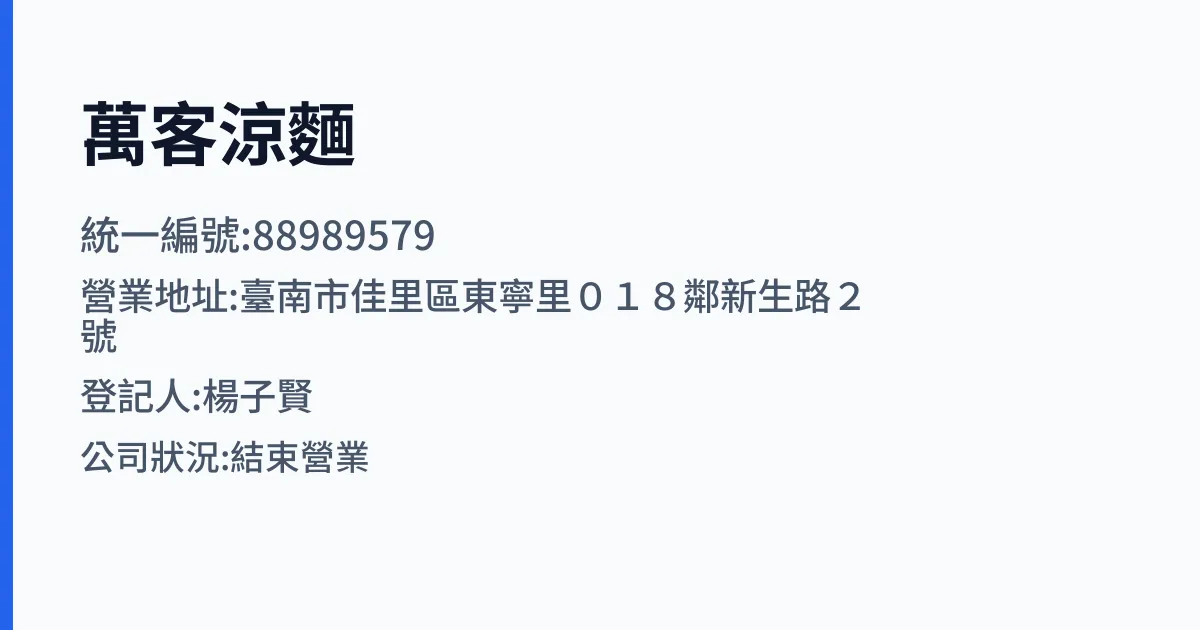 萬客涼麵 - 統編 88989579(臺南市) 公司登記資料與營業項目詳細圖表