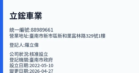 立鋐車業的照片-統編 88989661(臺南市) 公司登記資料與營業項目詳細圖表