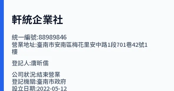 軒統企業社的照片-統編 88989846(臺南市) 公司登記資料與營業項目詳細圖表