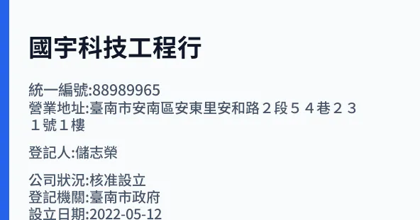 國宇科技工程行的照片-統編 88989965(臺南市) 公司登記資料與營業項目詳細圖表