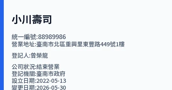 小川壽司的照片-統編 88989986(臺南市) 公司登記資料與營業項目詳細圖表