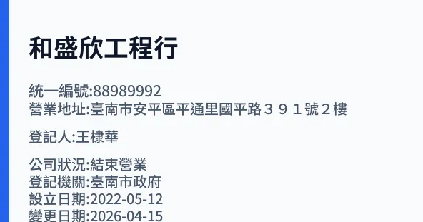 和盛欣工程行的照片-統編 88989992(臺南市) 公司登記資料與營業項目詳細圖表