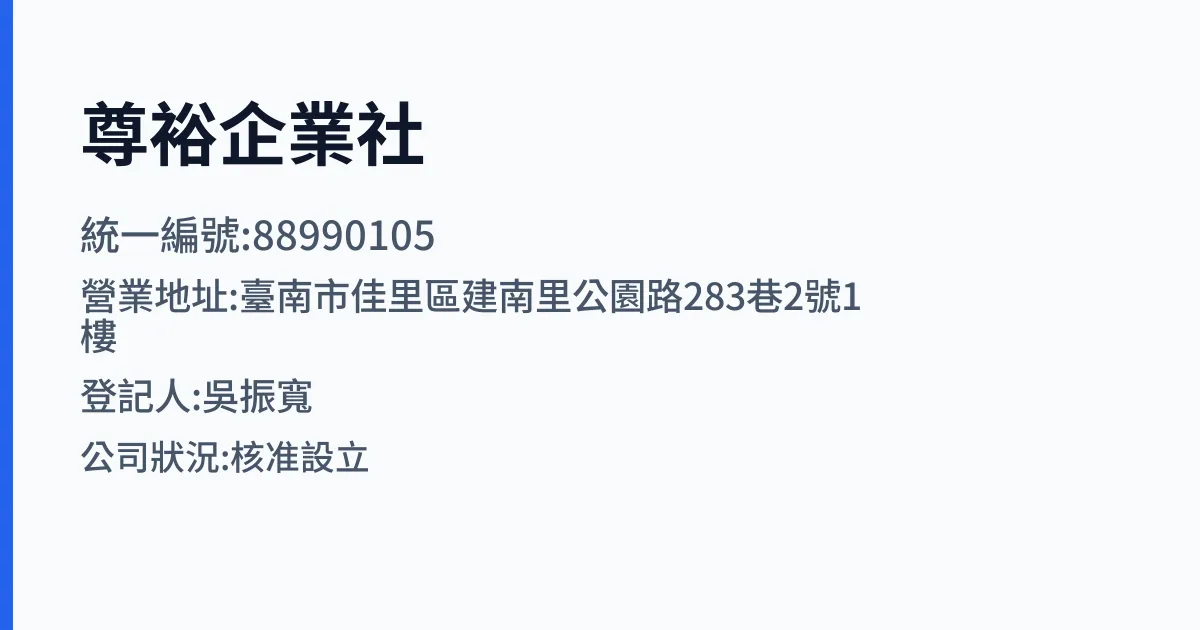 尊裕企業社 - 統編 88990105(臺南市) 公司登記資料與營業項目詳細圖表
