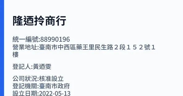 隆迺拎商行的照片-統編 88990196(臺南市) 公司登記資料與營業項目詳細圖表