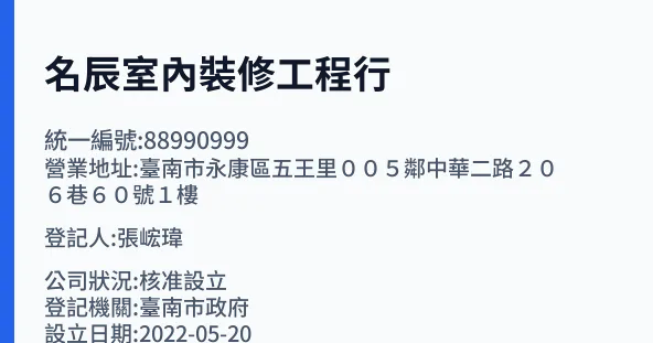 名辰室內裝修工程行的照片-統編 88990999(臺南市) 公司登記資料與營業項目詳細圖表