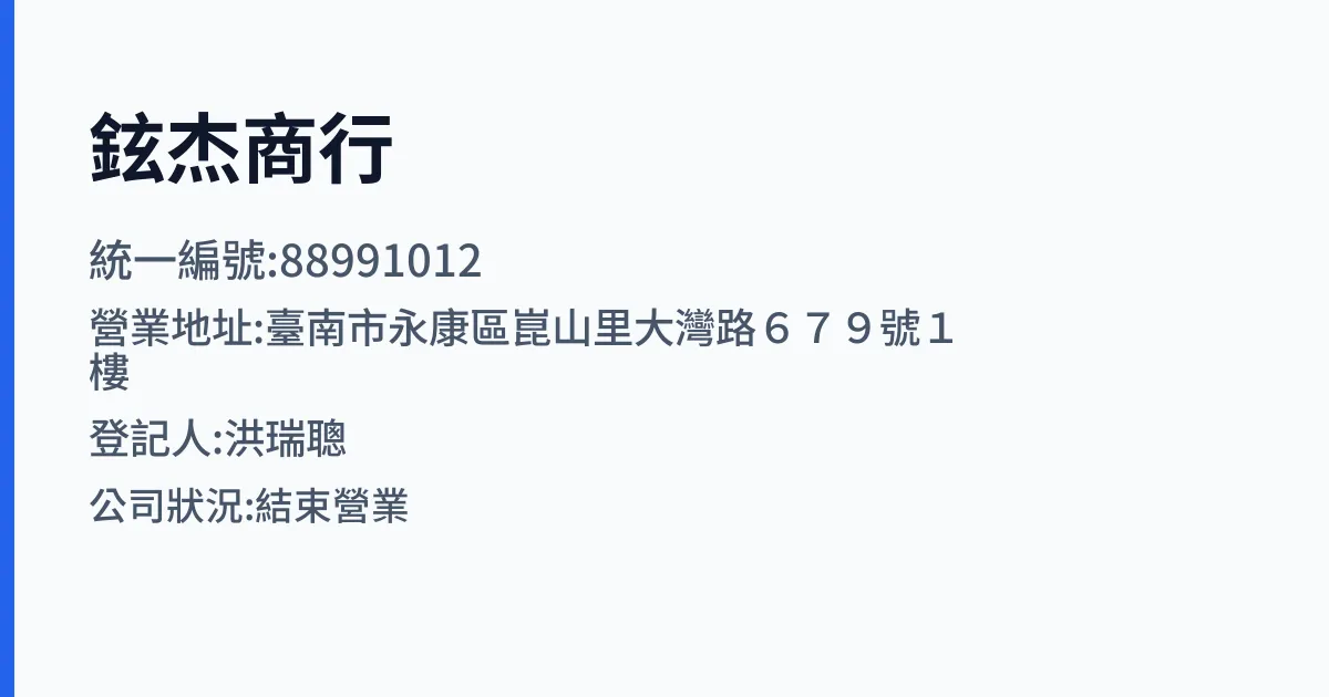 鉉杰商行 - 統編 88991012(臺南市) 公司登記資料與營業項目詳細圖表