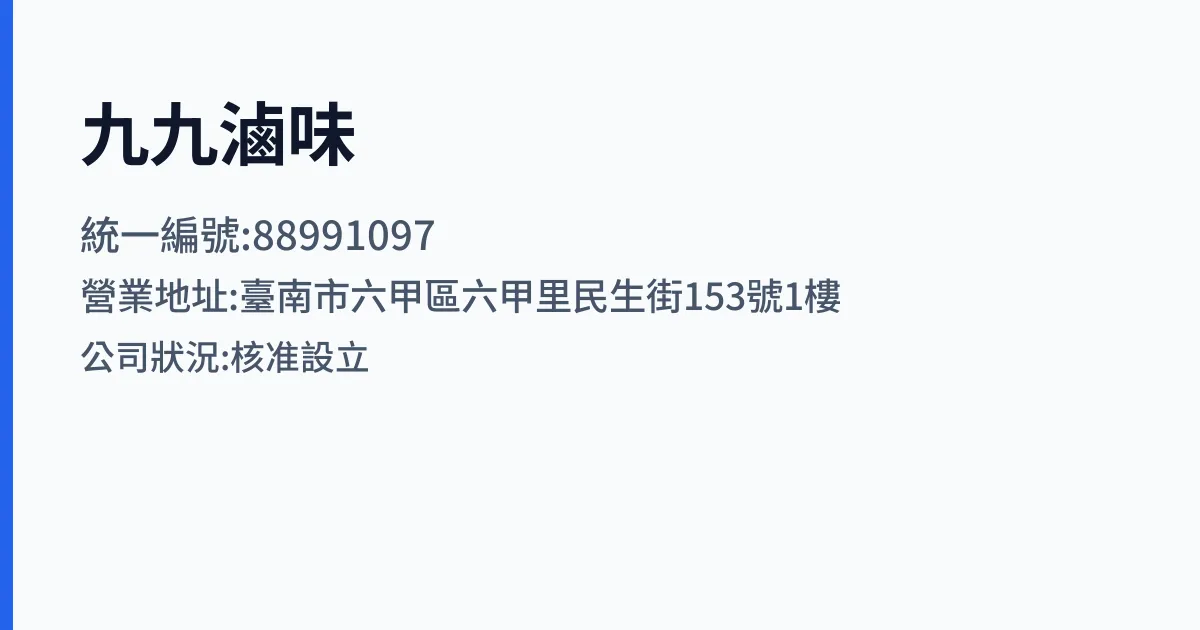 九九滷味 - 統編 88991097(臺南市) 公司登記資料與營業項目詳細圖表