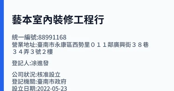 藝本室內裝修工程行的照片-統編 88991168(臺南市) 公司登記資料與營業項目詳細圖表