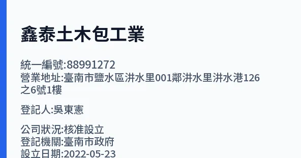 鑫泰土木包工業的照片-統編 88991272(臺南市) 公司登記資料與營業項目詳細圖表