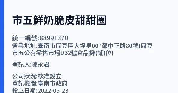市五鮮奶脆皮甜甜圈的照片-統編 88991370(臺南市) 公司登記資料與營業項目詳細圖表