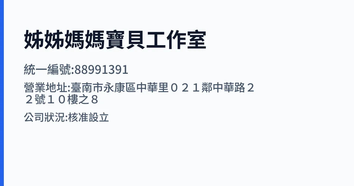 姊姊媽媽寶貝工作室 - 統編 88991391(臺南市) 公司登記資料與營業項目詳細圖表