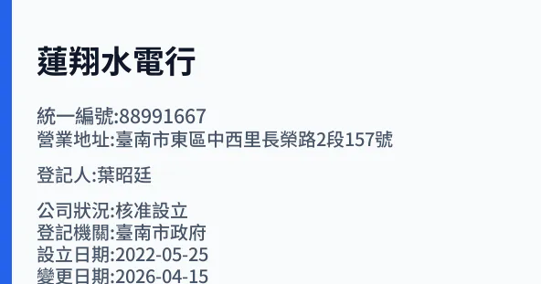 蓮翔水電行的照片-統編 88991667(臺南市) 公司登記資料與營業項目詳細圖表